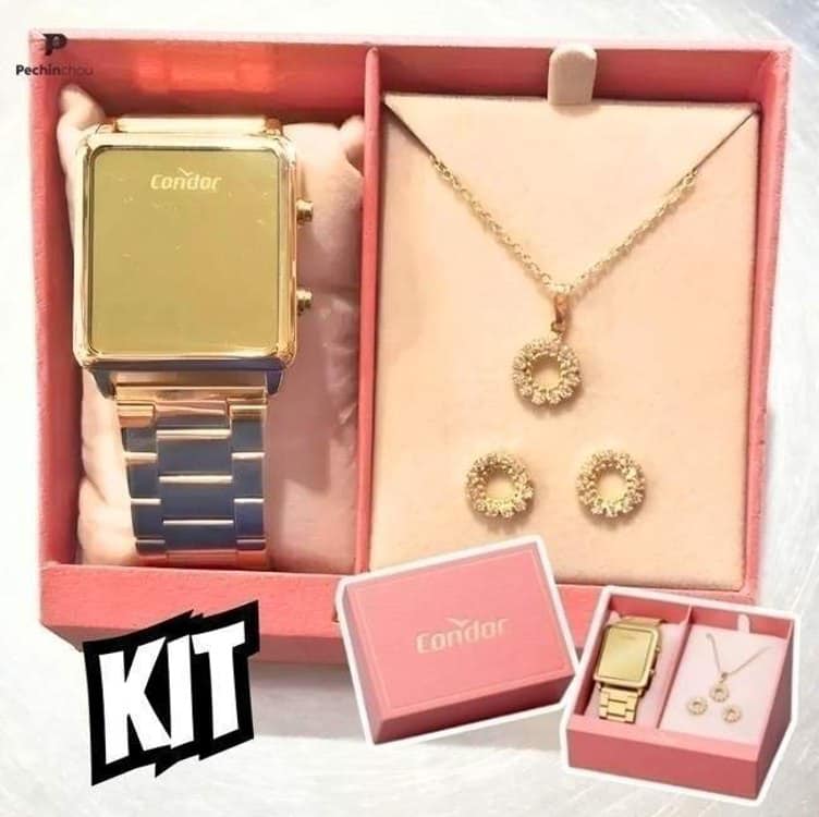 Kit Relógio Digital Feminino Condor Com Semijoia Cor Da Correia Dourado ...